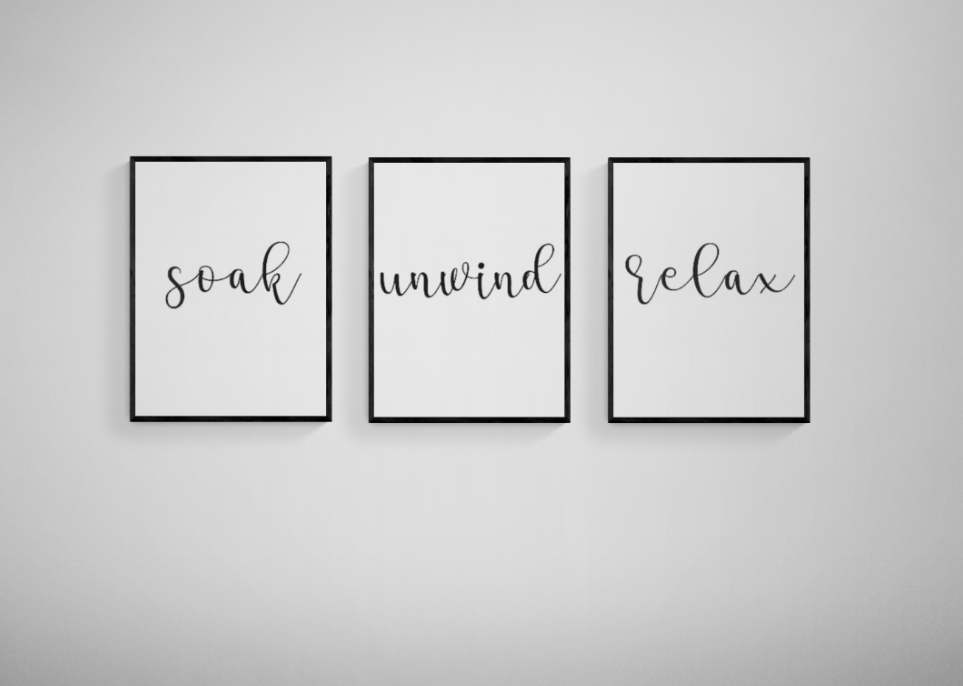 Unwind poster, soak relax unwind, bathroom typographic art, black ...