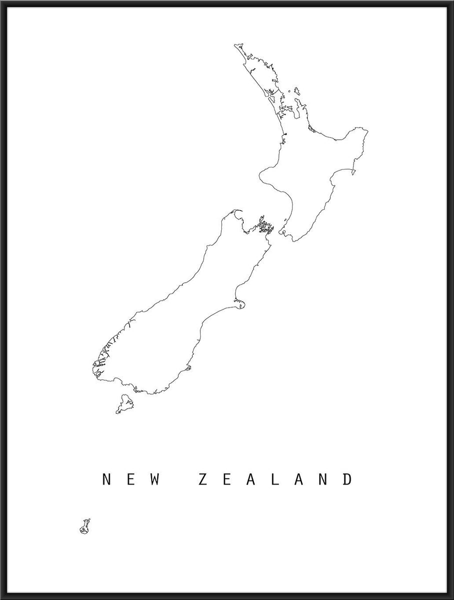 New Zealand map poster, map of New Zealand, minimal black and white map ...